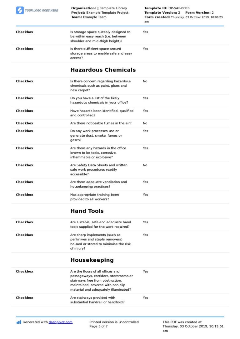 WHS Workplace Inspection Checklist (Free, editable template)