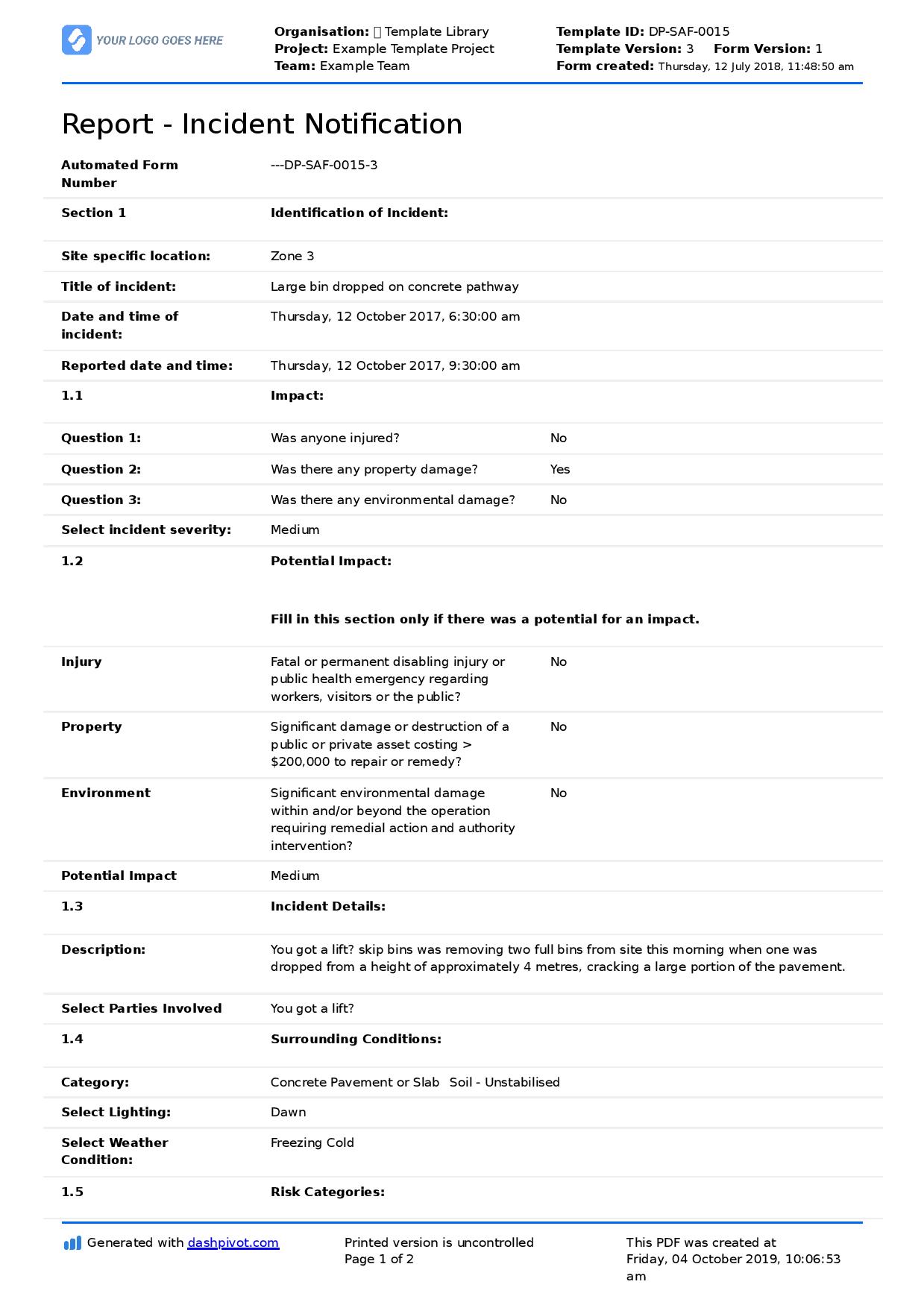 Construction Incident Report Template Free Editable Form 