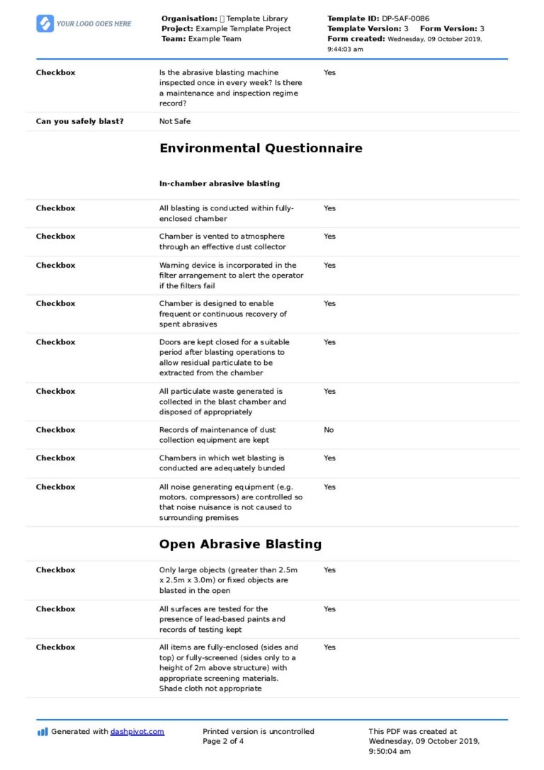 Blasting Safety Checklist (Abrasive, pre-blast, equipment inspections)