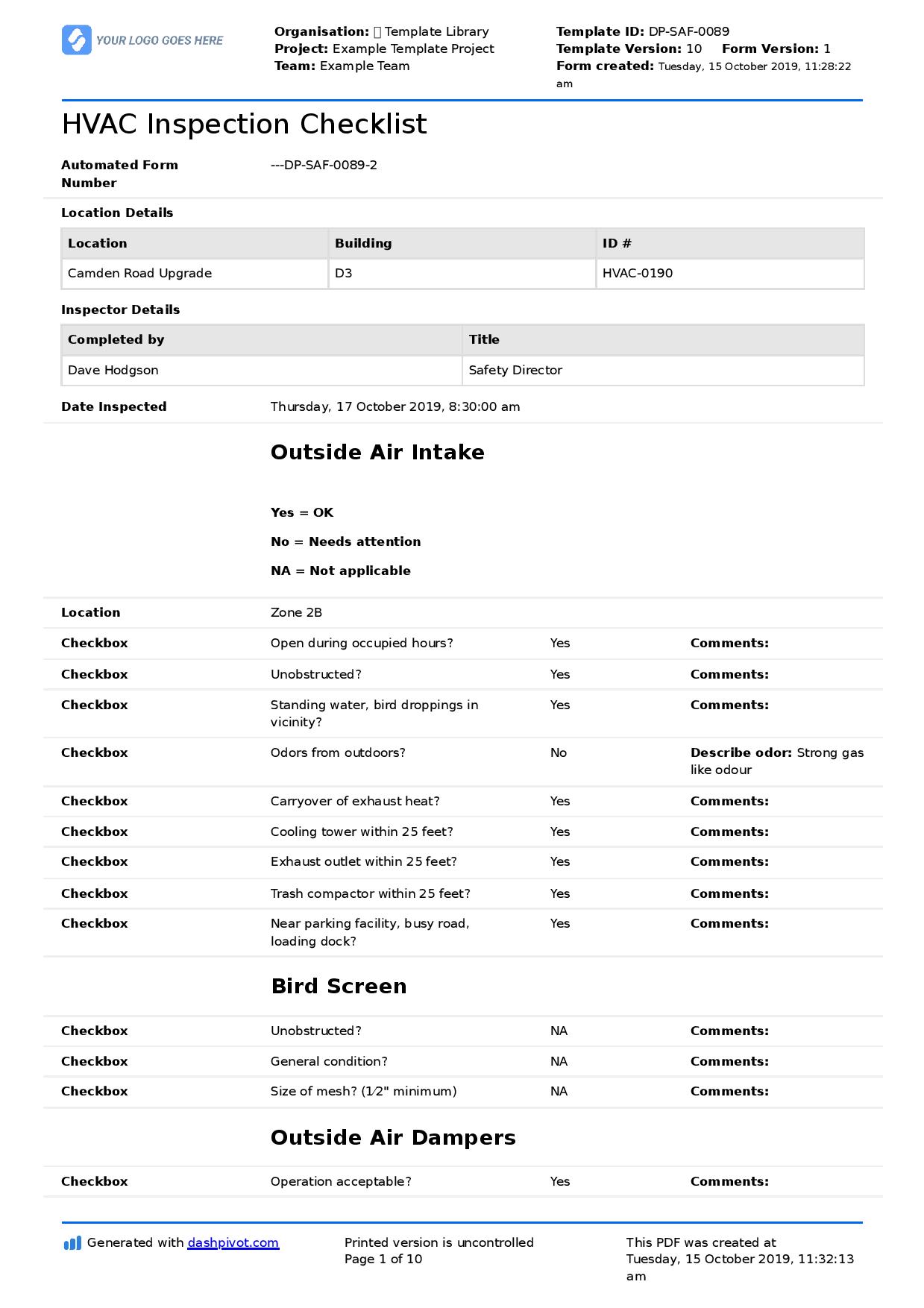 Hvac Preventive Maintenance Checklist Template Excel