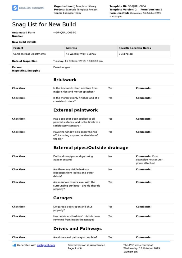 New Build Snag List: Customisable framework for any new build