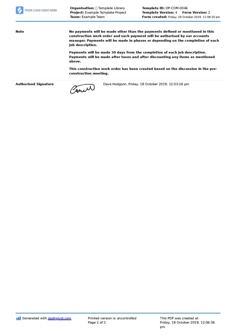 Construction Work Order template (Free & customisable template)