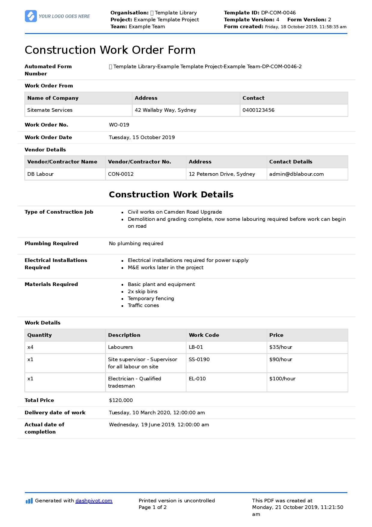 Construction Work Order Template JessicaBowden Blog