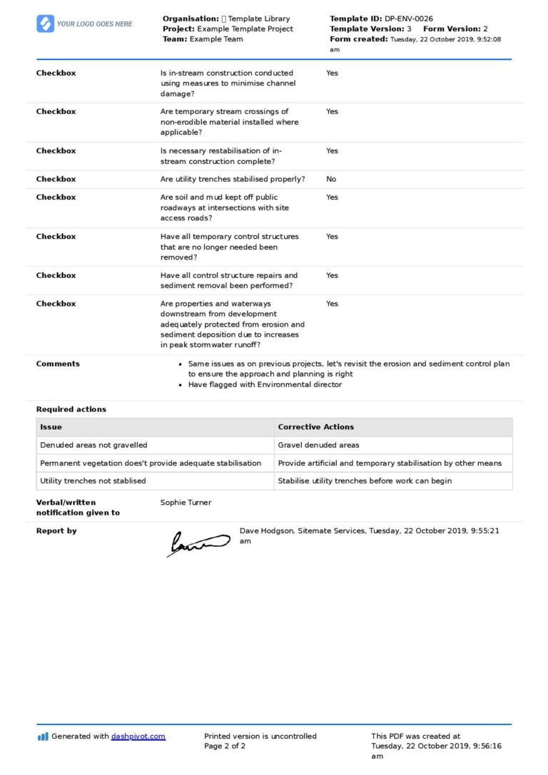 Erosion and Sediment Control Inspection Checklist & Report template