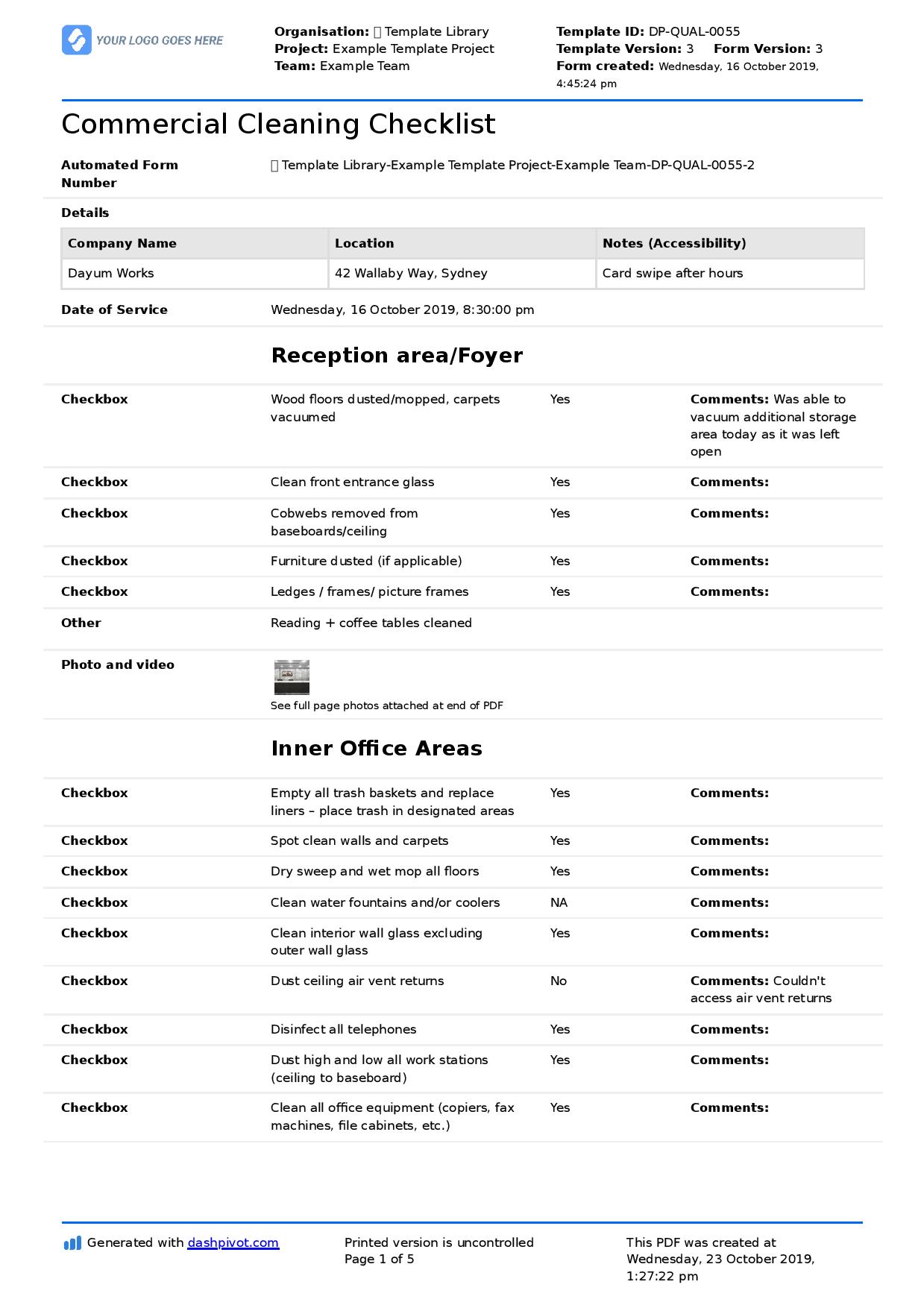 Commercial Cleaning Free Printable Janitorial Checklist Template