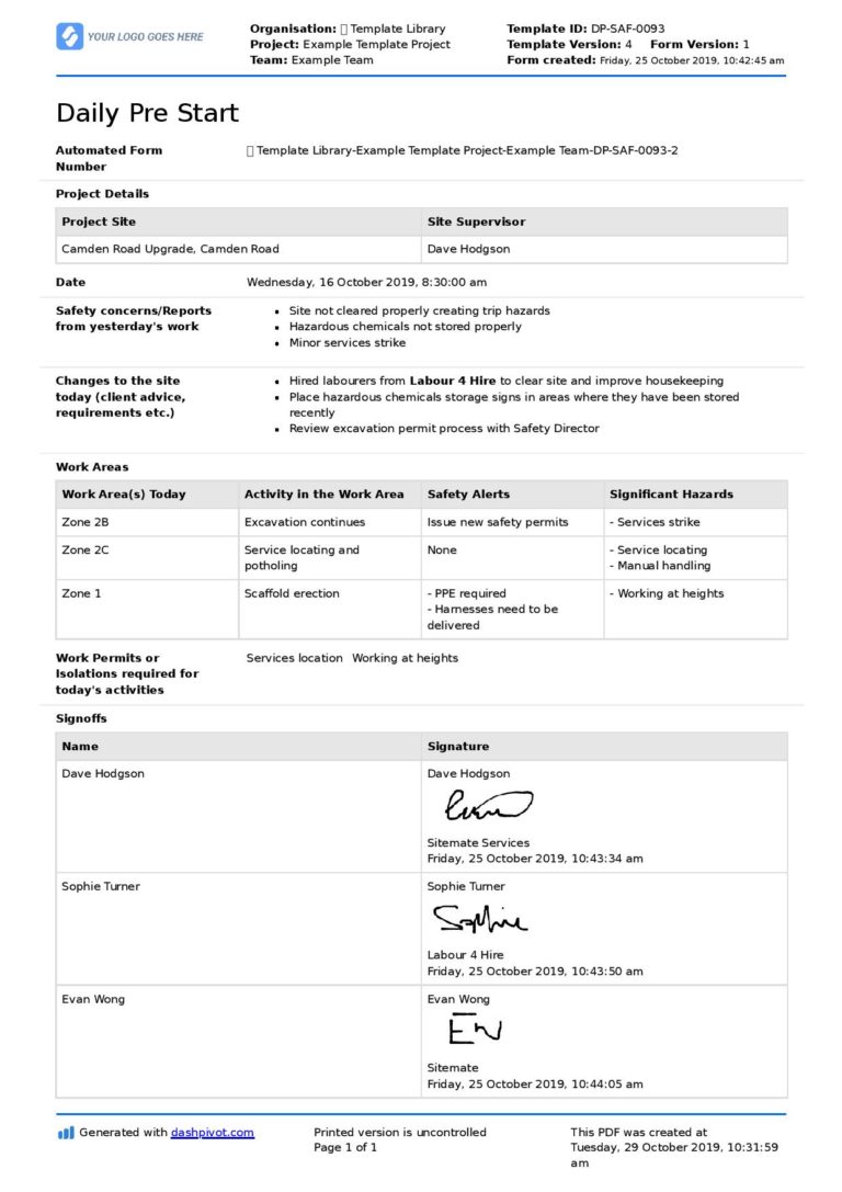 Construction Pre Start Checklist (For any pre start meeting)
