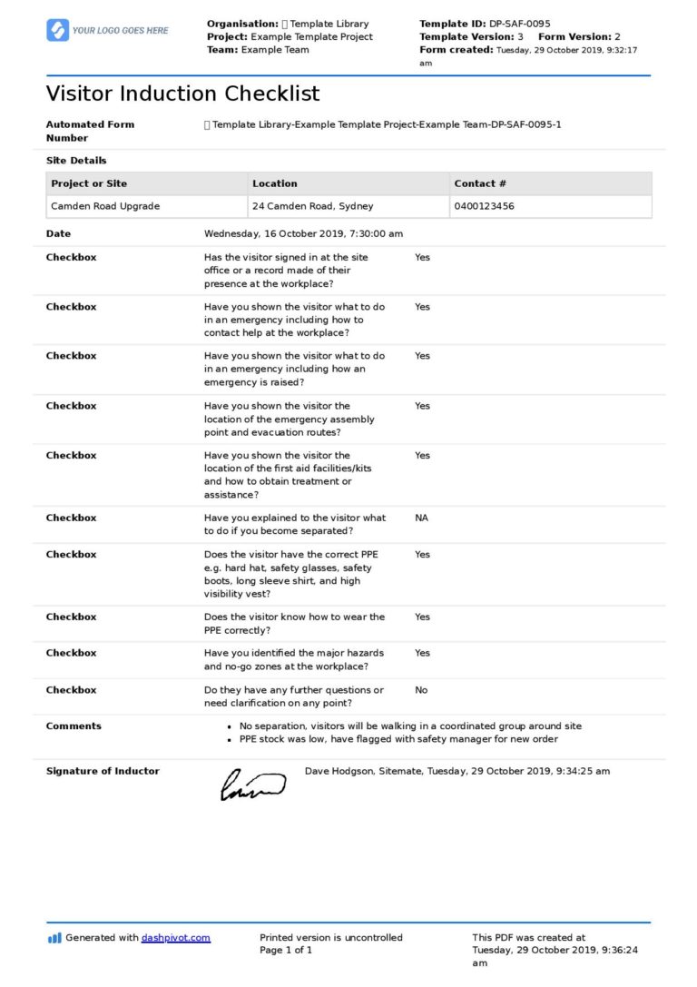 Visitor Induction Checklist (Site inductions, safety inductions and more)