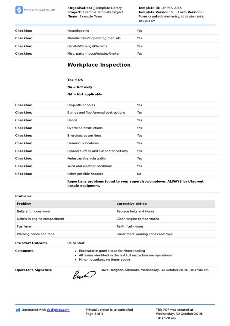 Excavator Pre Start Checklist (Free & editable for any excavator)