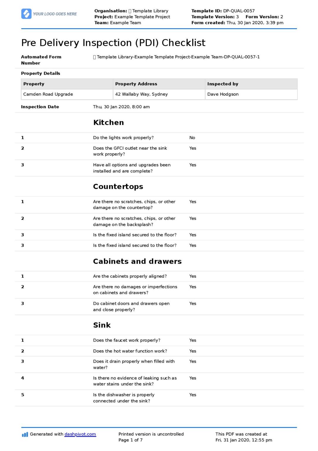 Pre Delivery Inspection Checklist template (new homes, condo, buildings)
