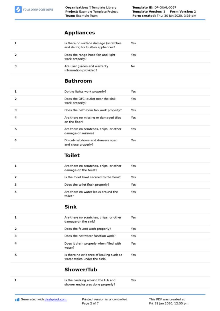 Pre Delivery Inspection Checklist template (new homes, condo, buildings)