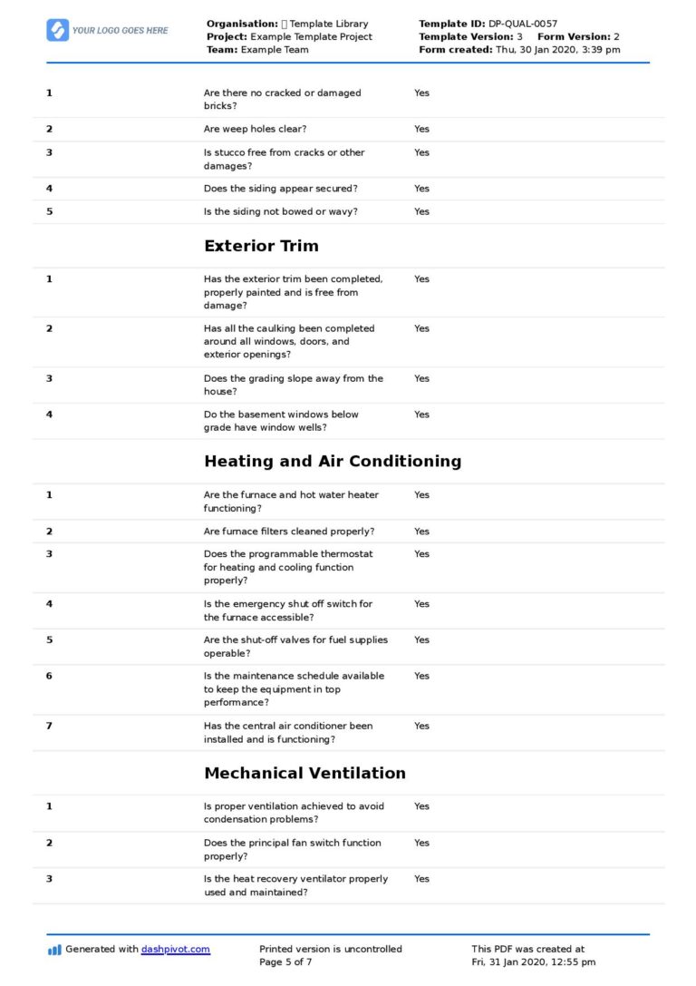 Pre Delivery Inspection Checklist template (new homes, condo, buildings)