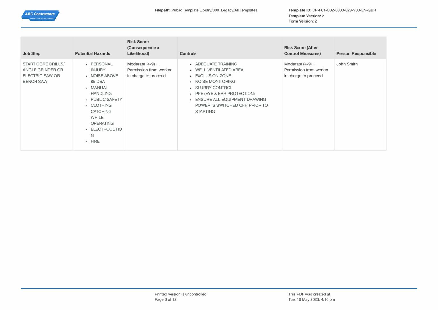 RAMS Risk Assessment Method Statement example: use it for free