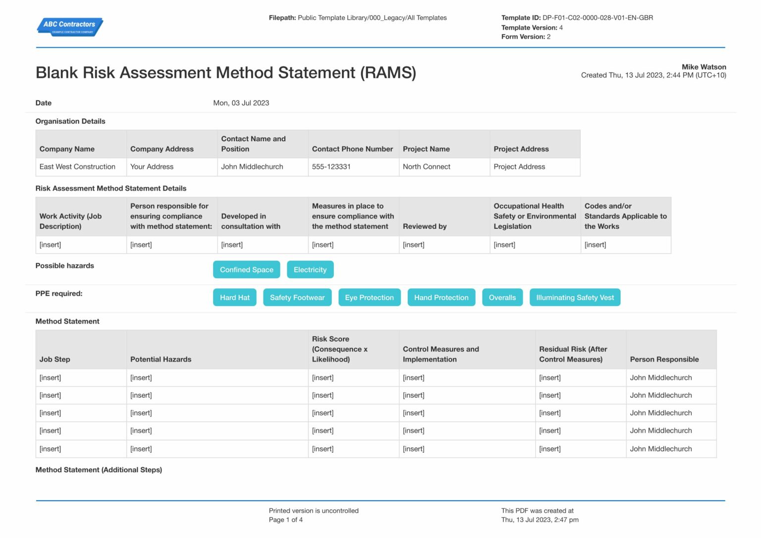 Risk Assessment Method Statement (RAMS) template: get it free