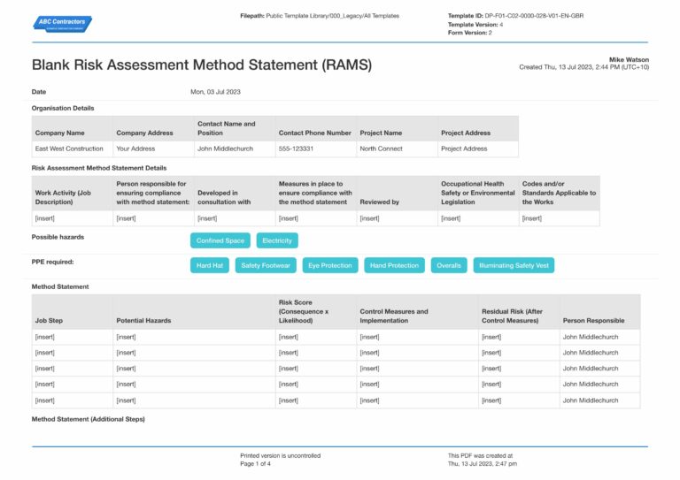 Risk Assessment Method Statement (RAMS) template: get it free