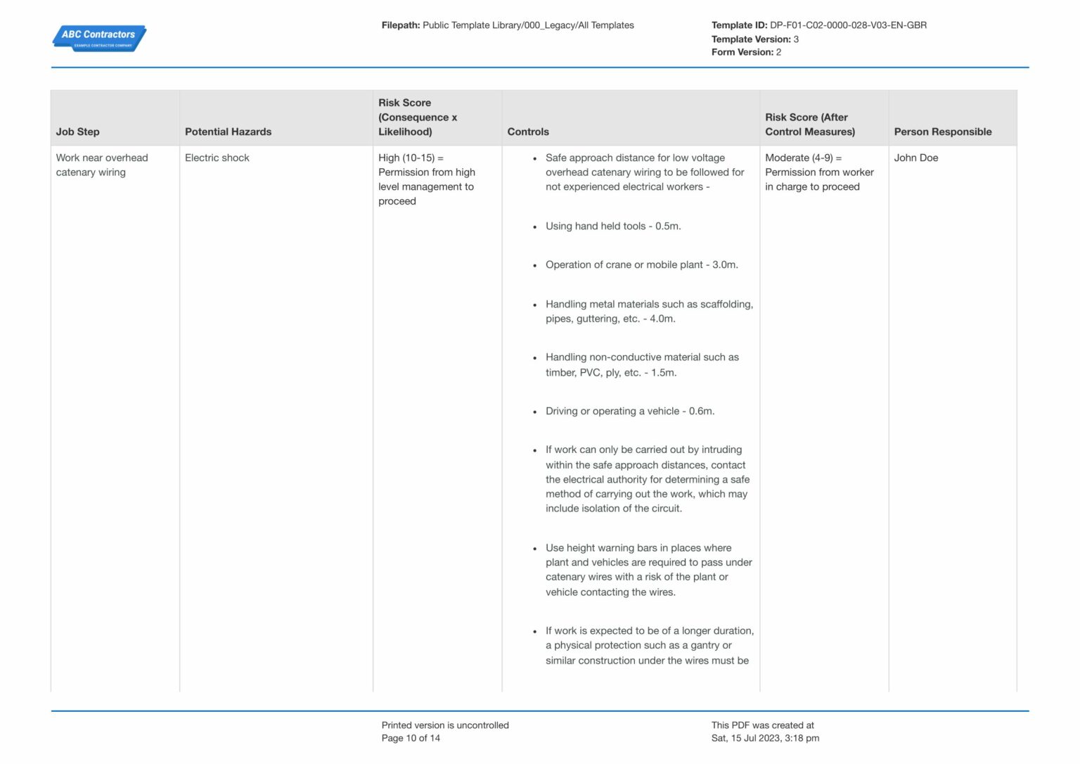 Electrical RAMS template: Electrical Risk Assessment