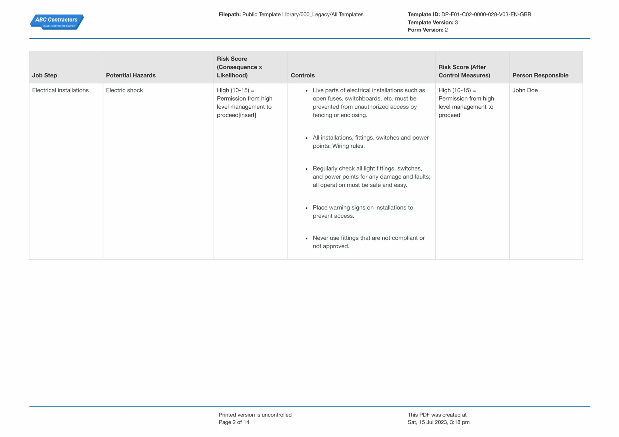 Electrical RAMS template: Electrical Risk Assessment