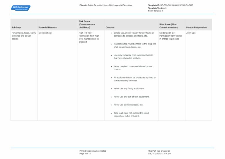 Electrical RAMS template: Electrical Risk Assessment
