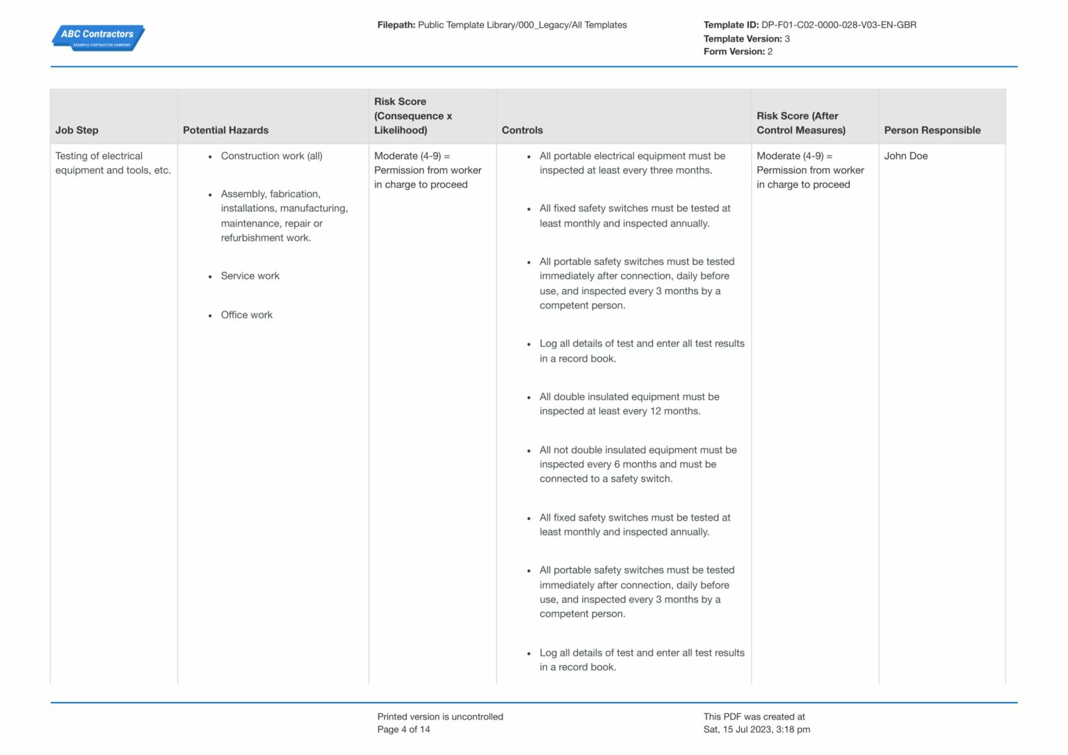 Electrical RAMS template: Electrical Risk Assessment