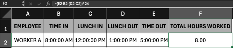 Daily timesheet excel formula: automatically calculate hours worked