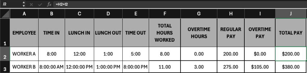 Daily timesheet excel formula: automatically calculate hours worked