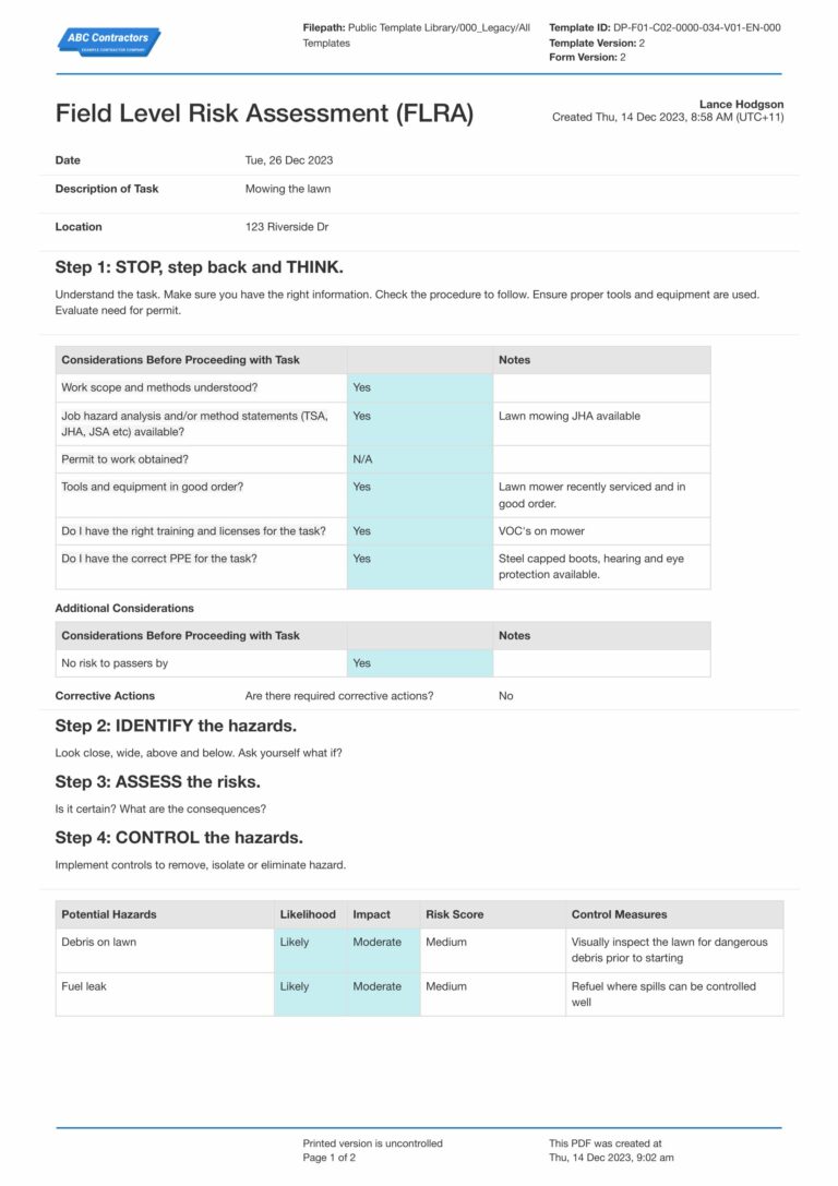 Field Level Risk Assessment examples: see an example FLRA