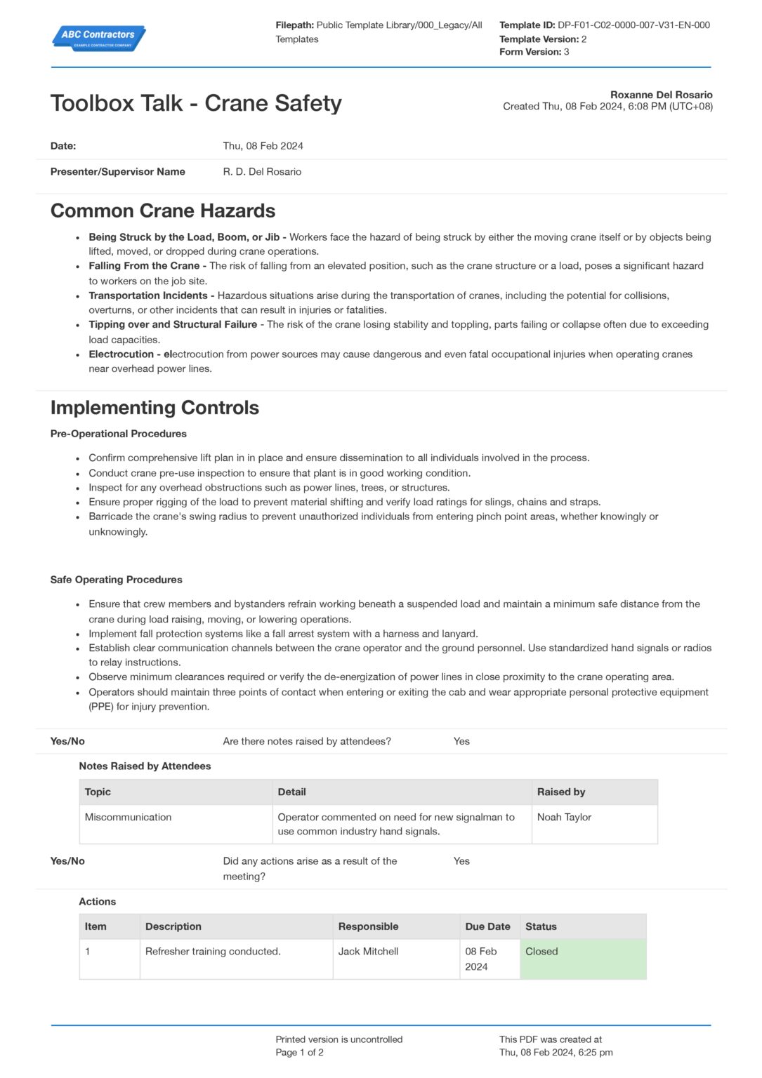 Crane Safety Toolbox Talk Template: Free and Customisable