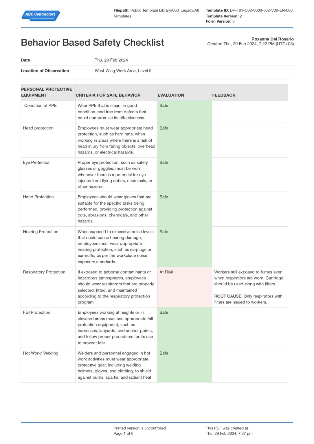 Examples of Behavior Based Safety Observations