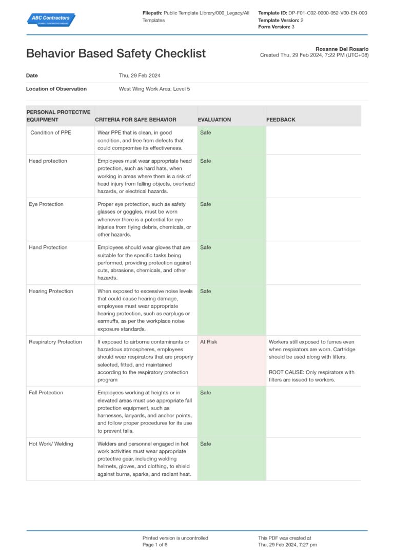 Examples of Behavior Based Safety Observations