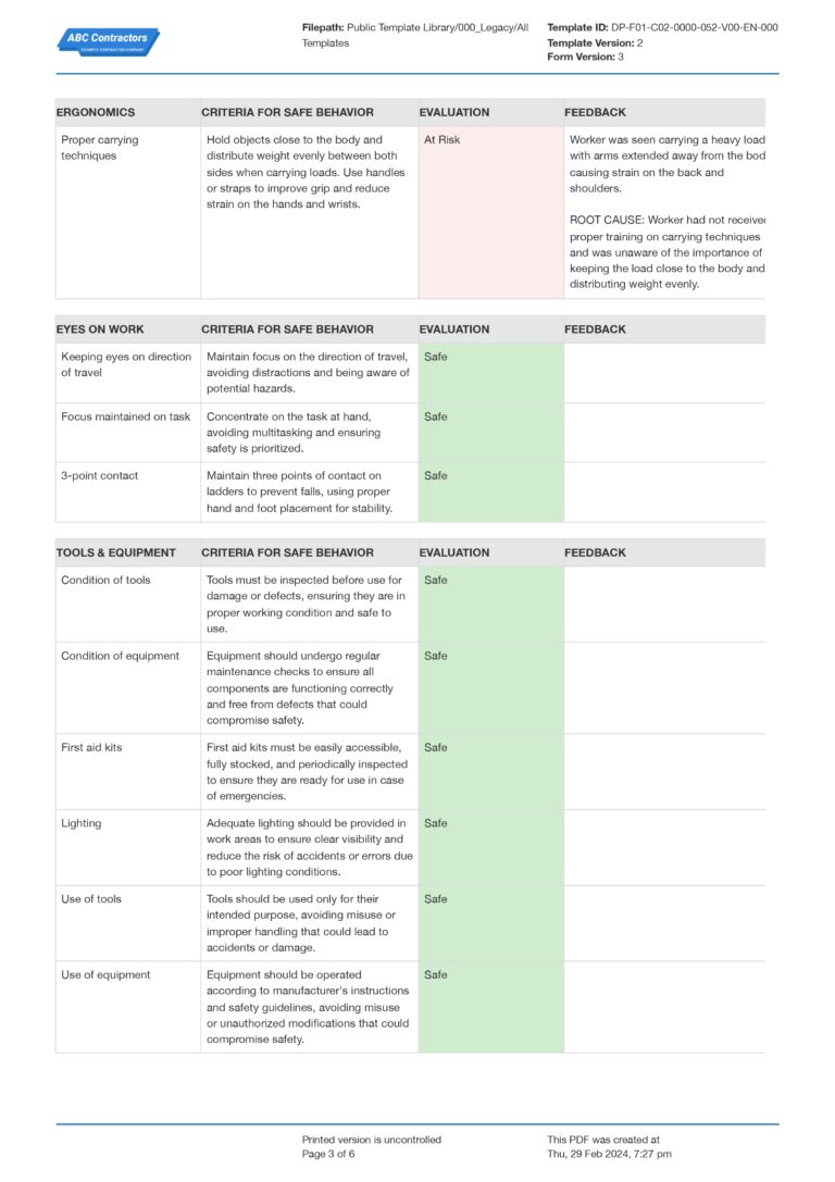 Behavior Based Safety Checklist Template: Free and Customisable