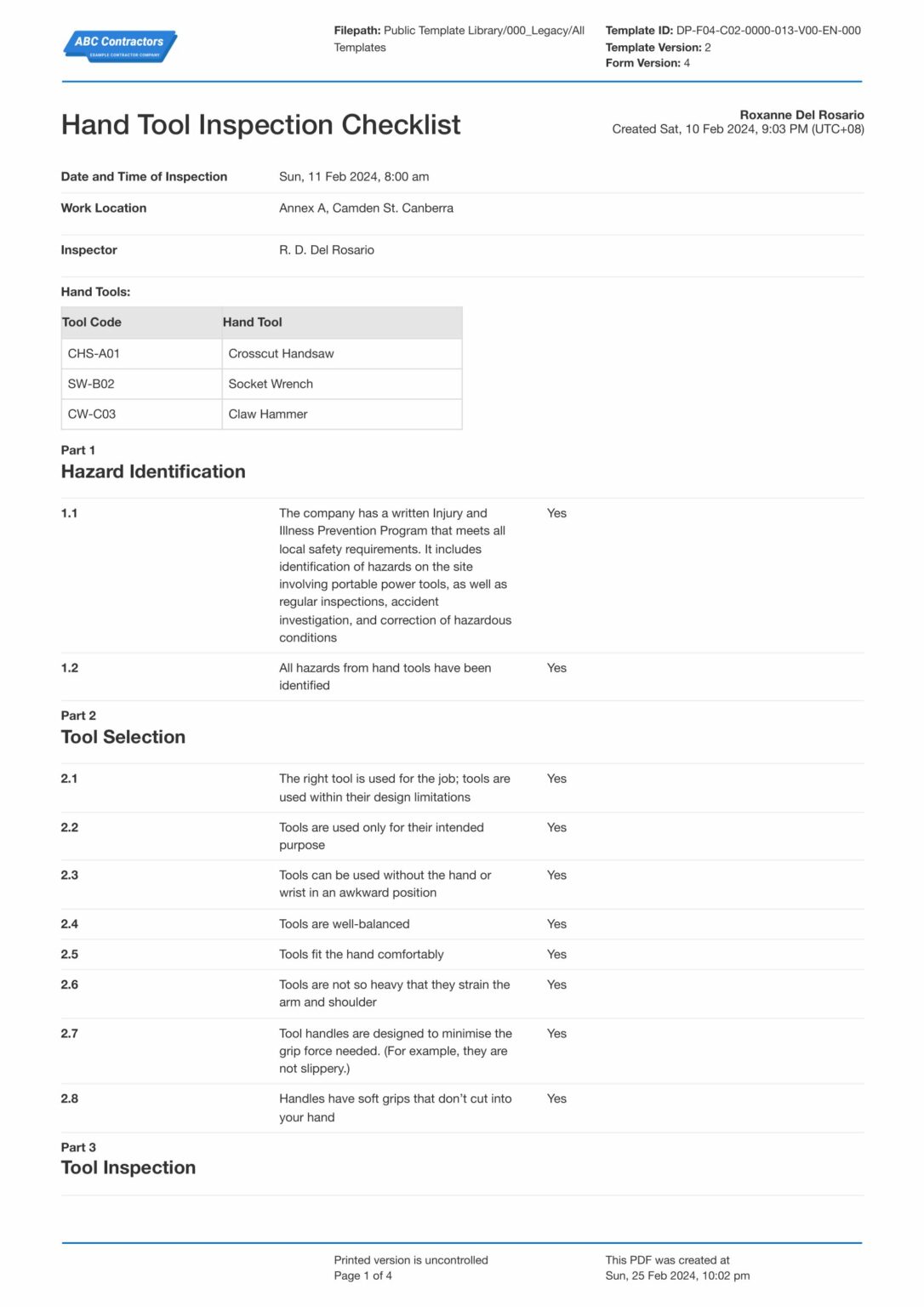 Hand Tool Inspection Checklist template: use the free template