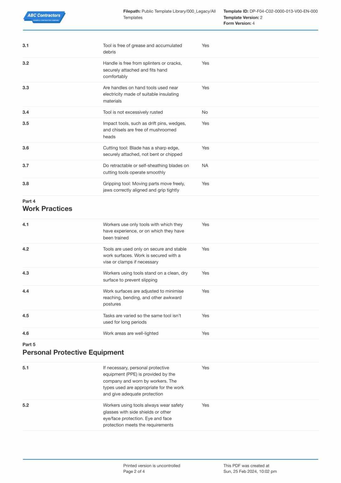 Hand Tool Inspection Checklist template: use the free template
