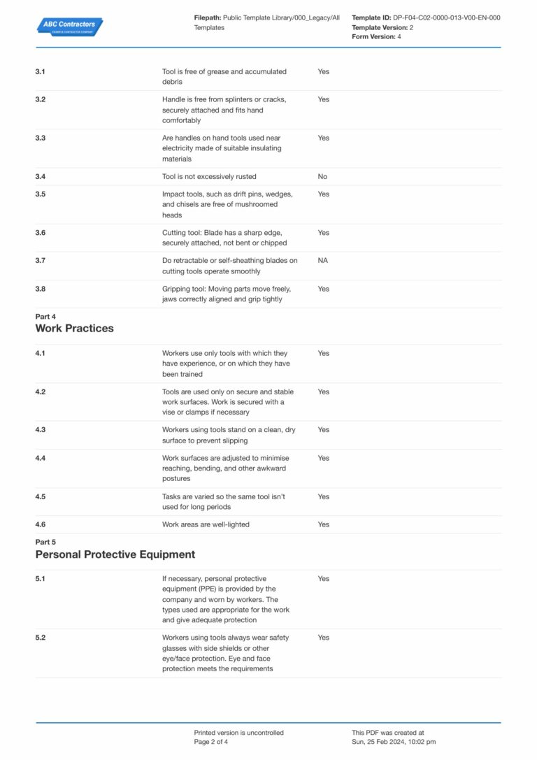 Hand Tool Inspection Checklist template: use the free template