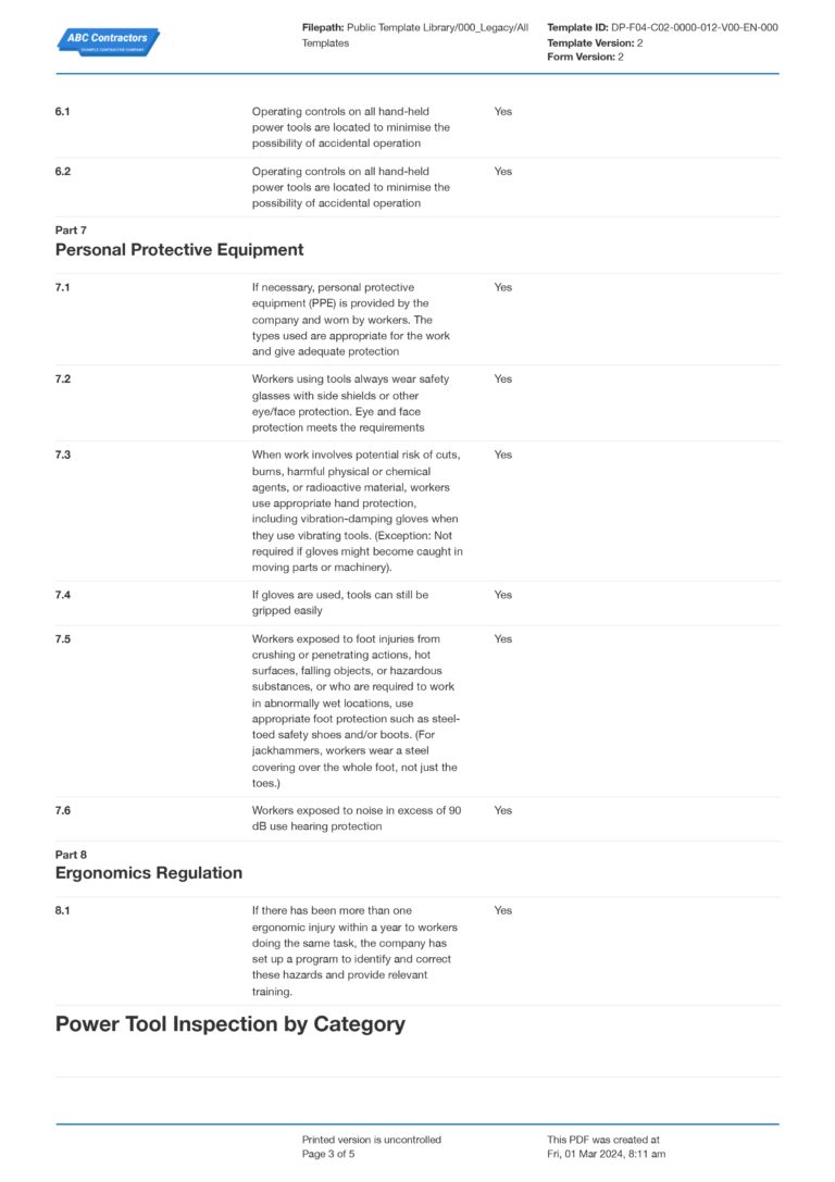 Power Tool Inspection Checklist template (Free and edtaible form)