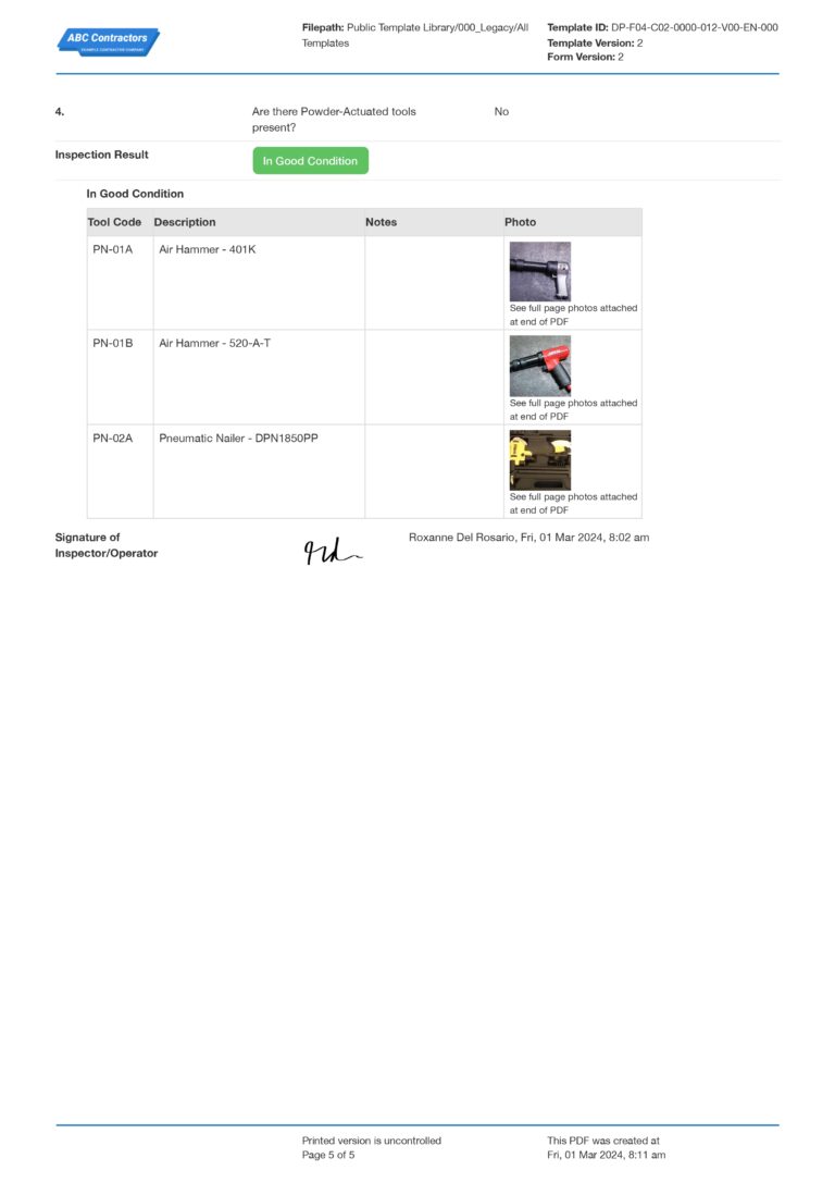 Power Tool Inspection Checklist template (Free and edtaible form)