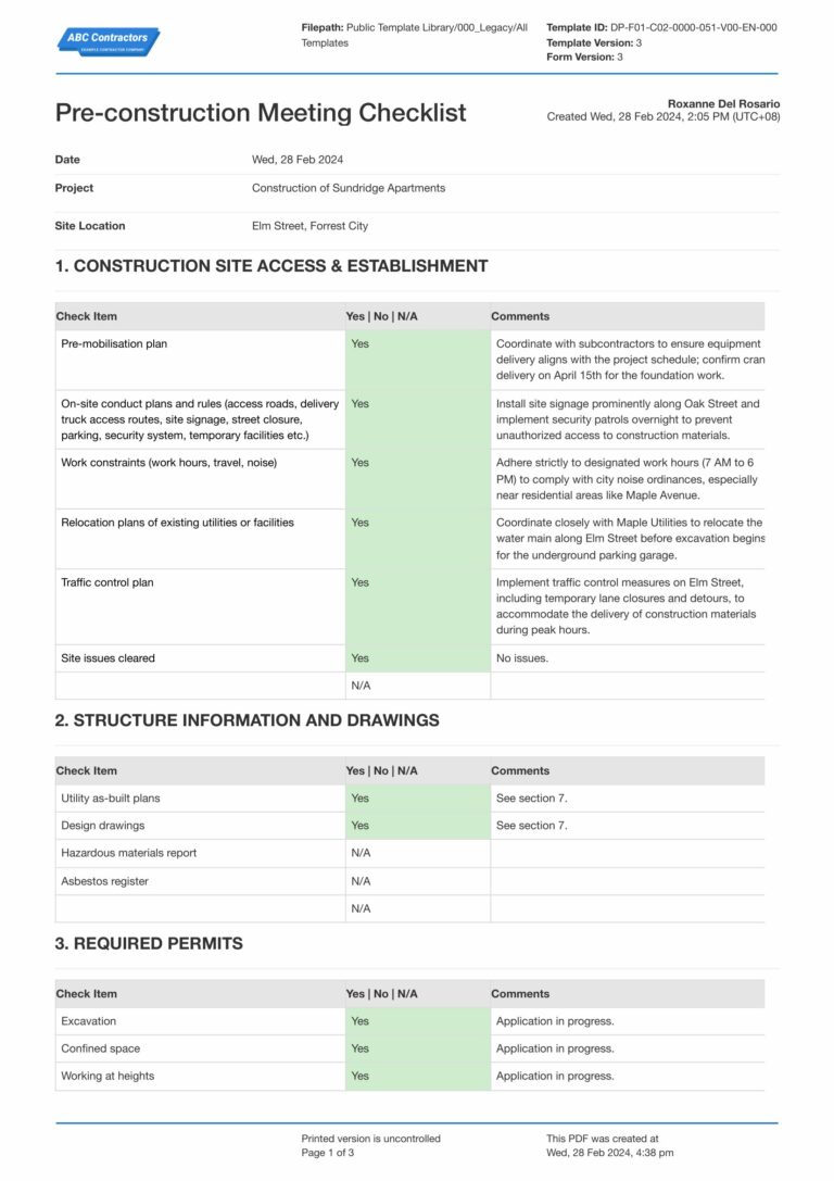Pre-Construction Meeting Checklist Template: Free & Customisable