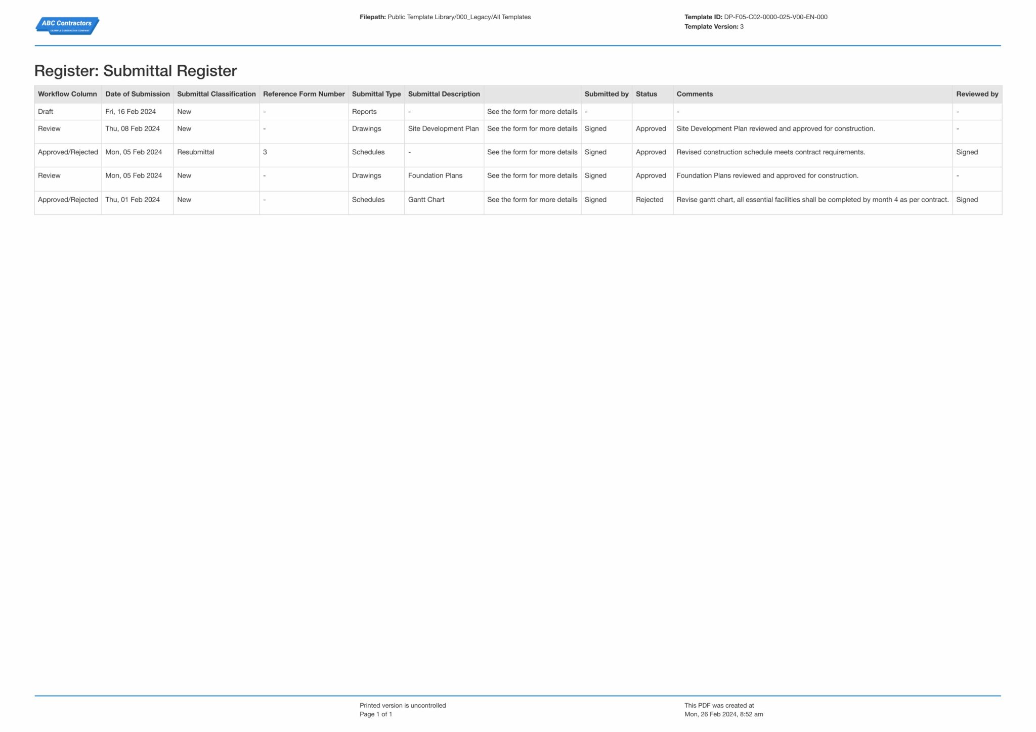 Submittal Log Example: Ensure your log is well-documented