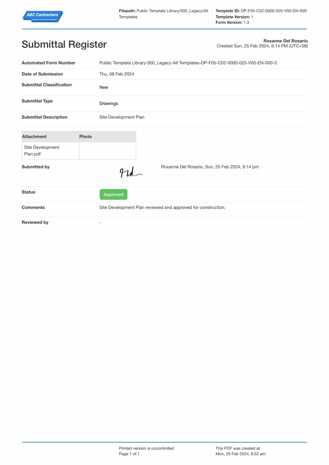 Submittal Log Example: Ensure your log is well-documented