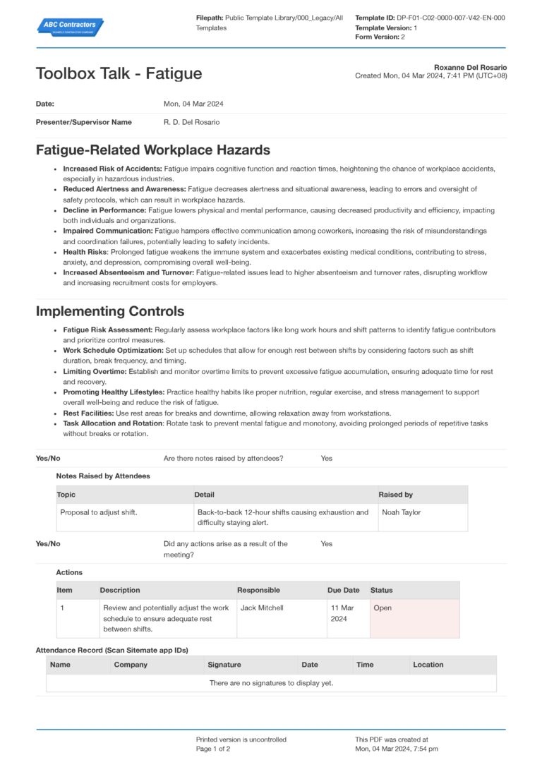 Fatigue Management Toolbox Talk Template: Free & customisable