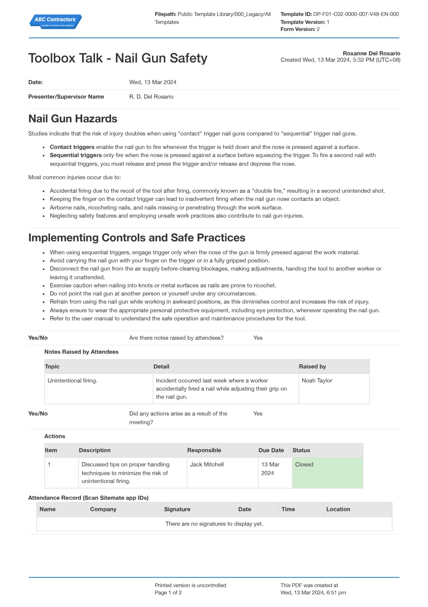 Nail Gun Safety Toolbox Talk: Free and Customisable