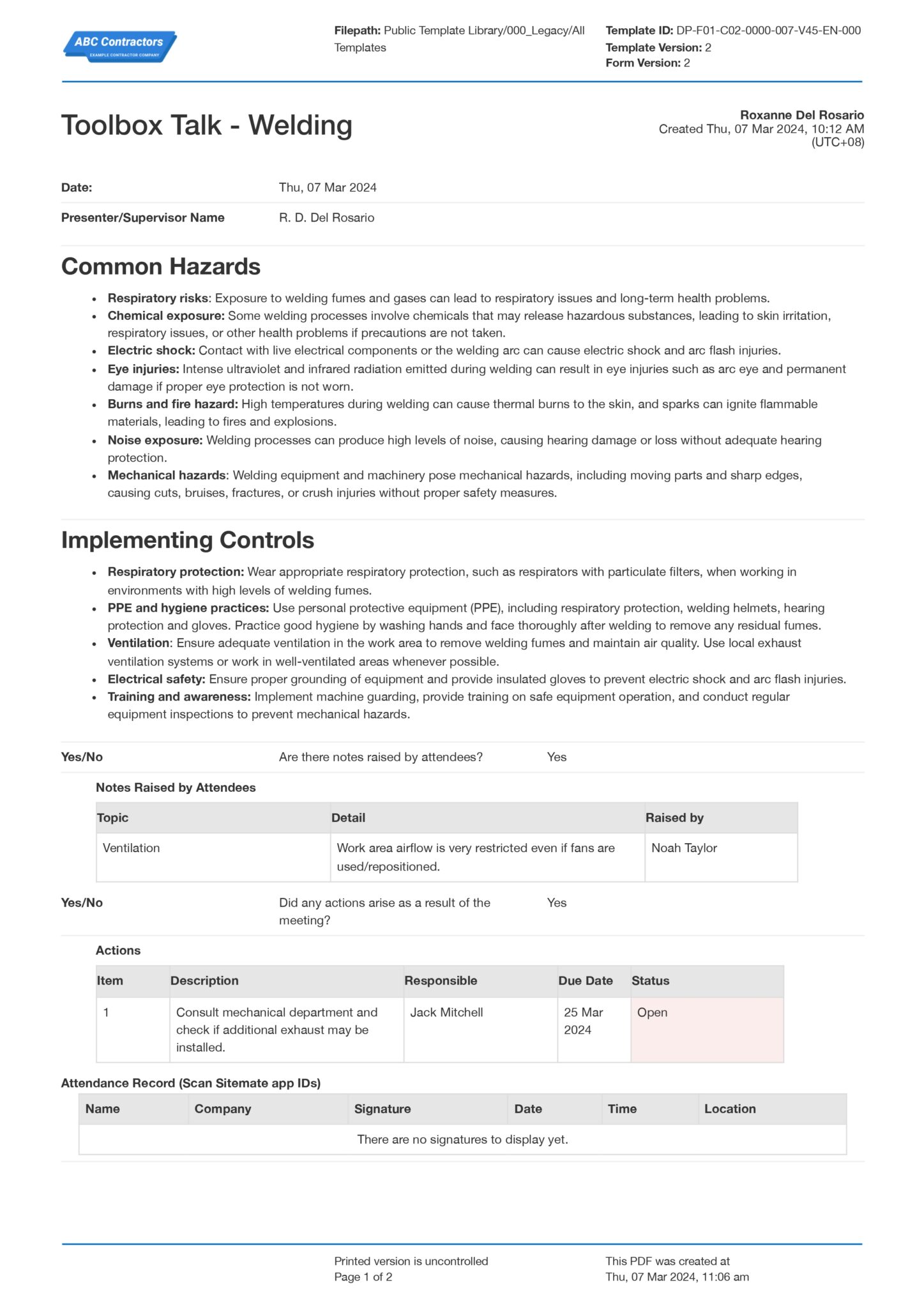 Toolbox Talk Welding Template: Download as PDF