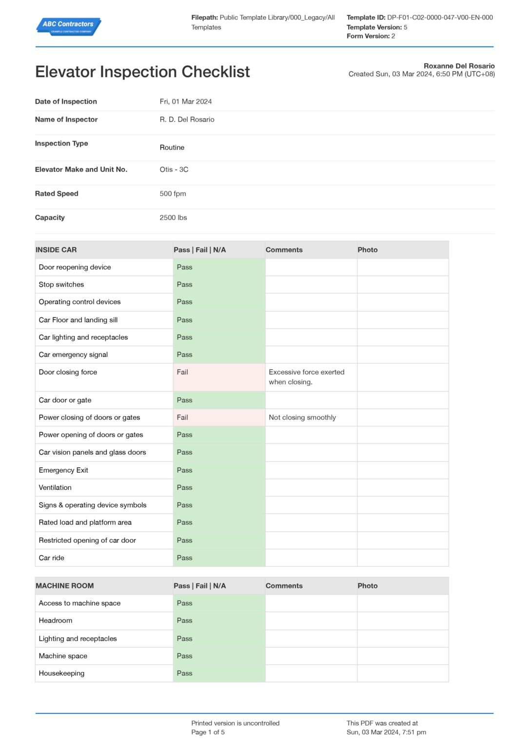 Elevator Inspection Checklist Template: Download as PDF