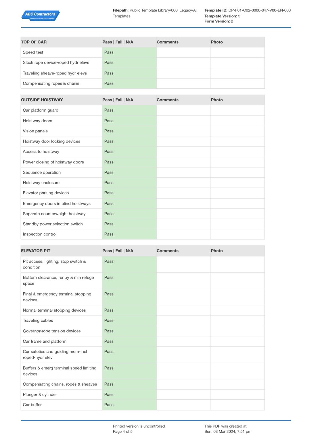 Elevator Inspection Checklist Template: Download as PDF