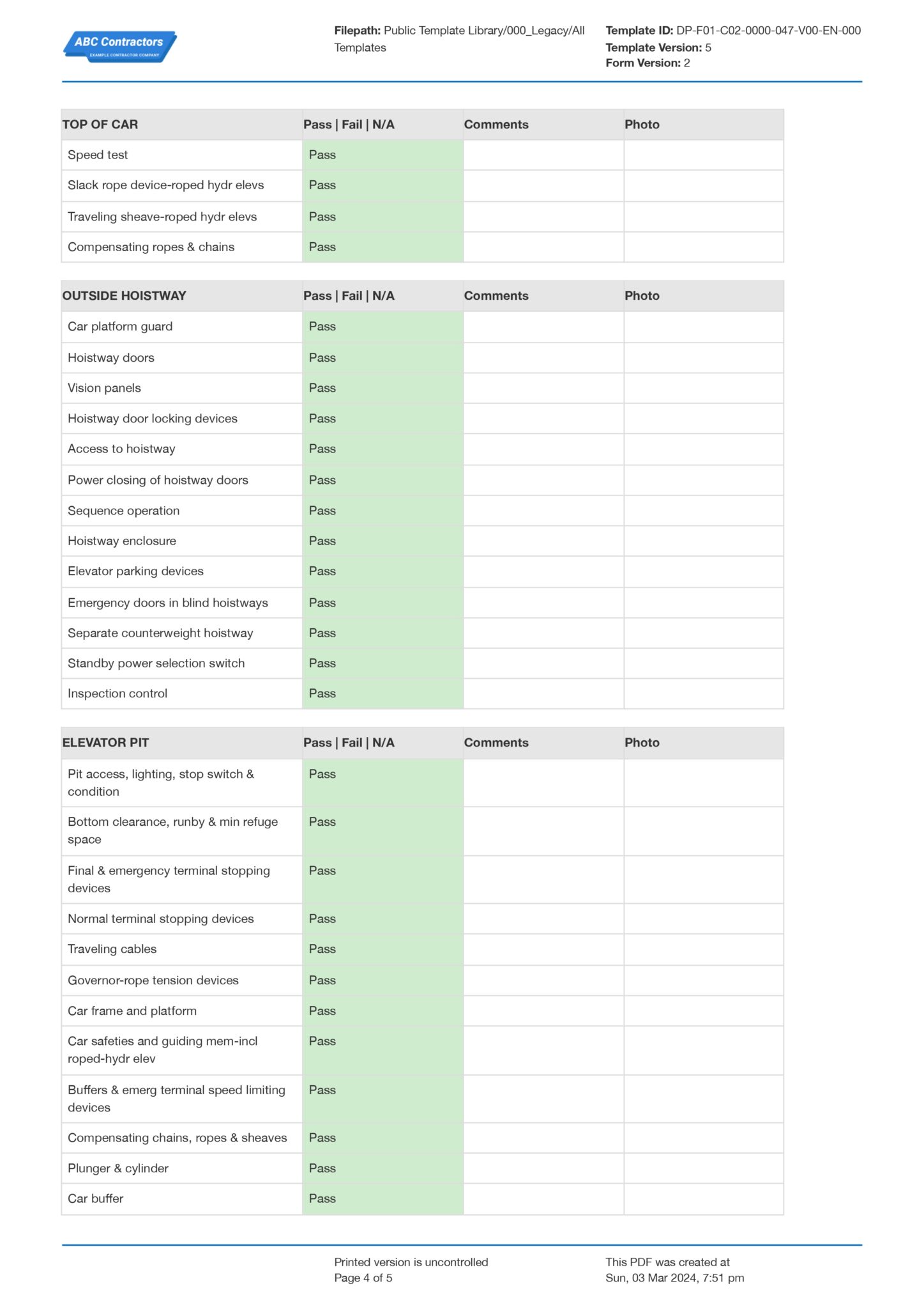 Elevator Inspection Checklist Template: Download as PDF