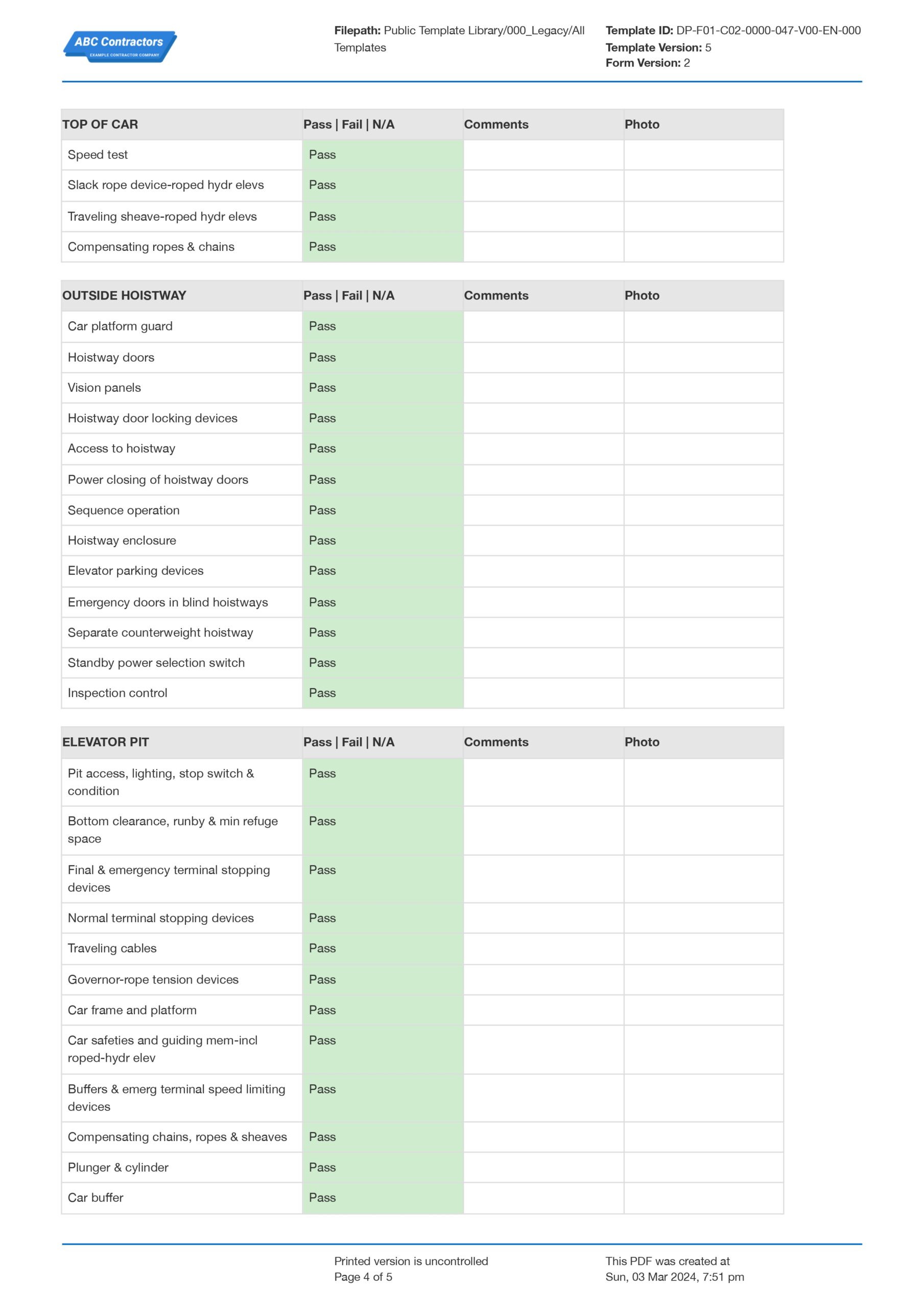 inspection template excel