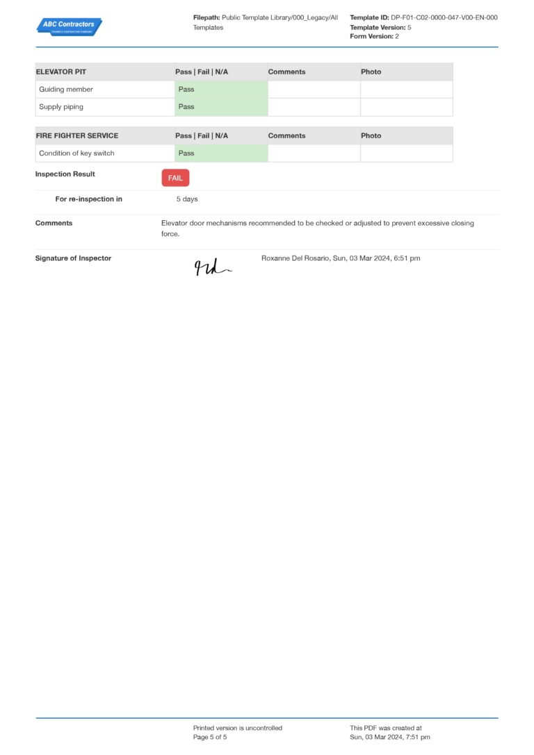 Elevator Inspection Checklist Template: Download as PDF