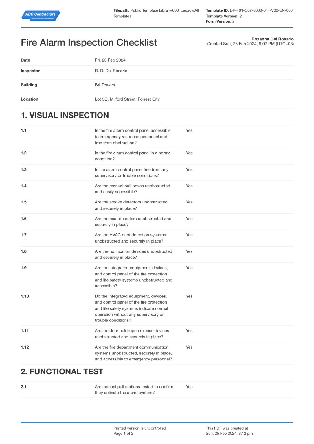 Fire Alarm System Inspection Checklist Template: Free download