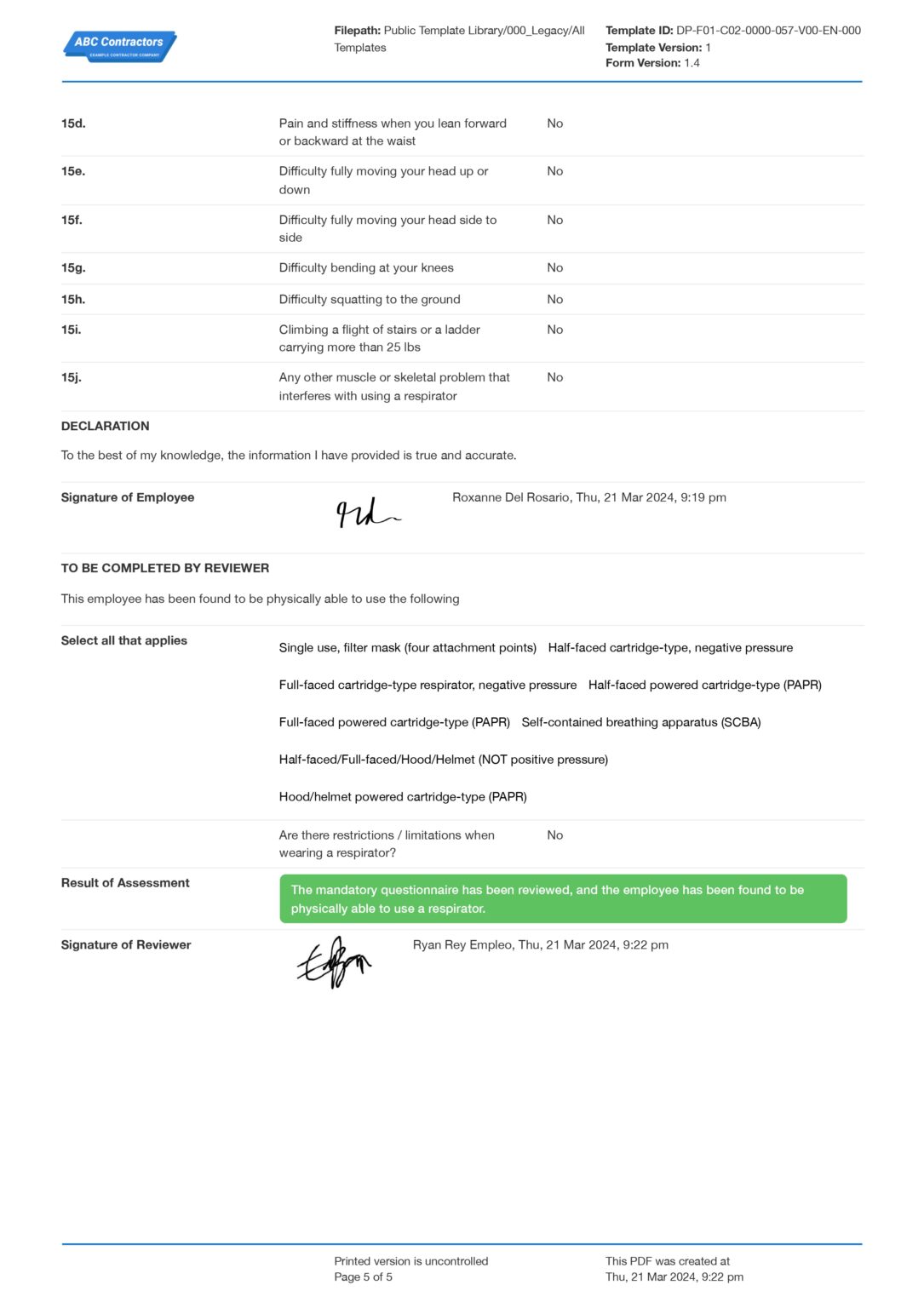 OSHA Respirator Medical Evaluation Questionnaire Form