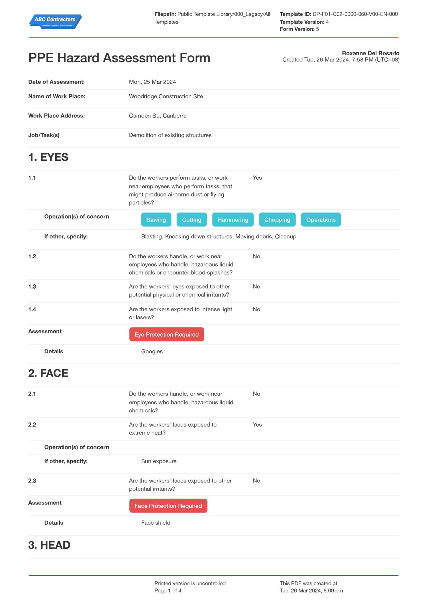 PPE Hazard Assessment Example