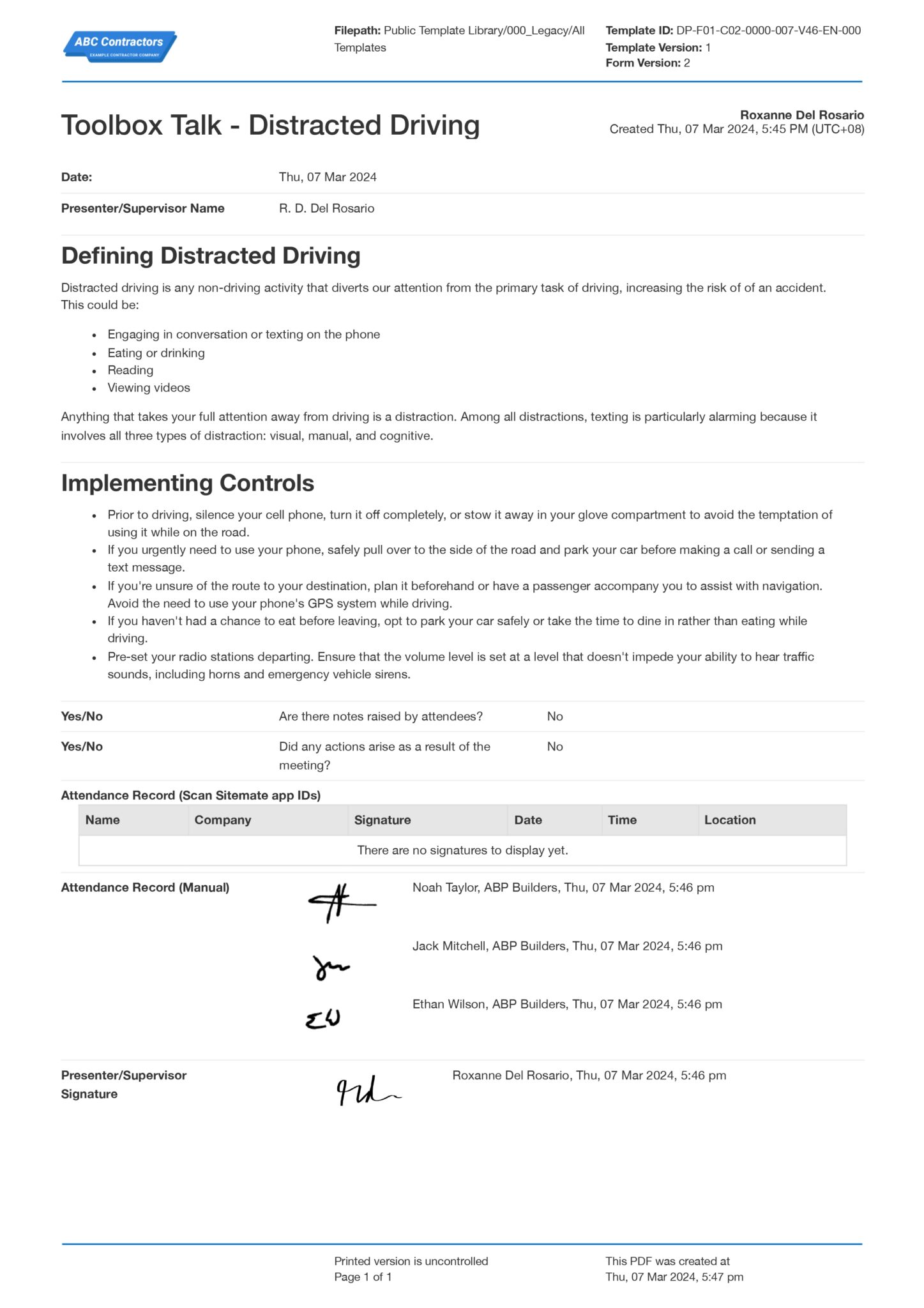 Distracted Driving Toolbox Talk: Download as PDF