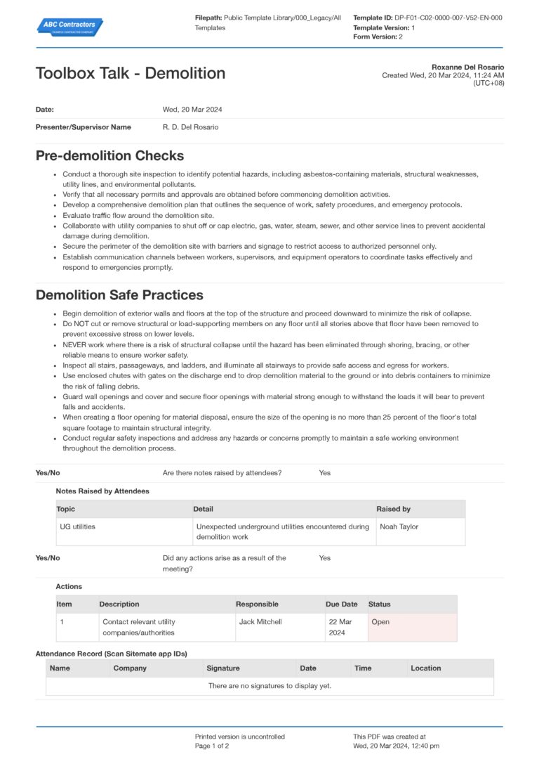 Demolition Safety Toolbox Talk Template: Free and Customisable